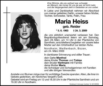 Traueranzeigen von Maria Heiss | Trauer.bz