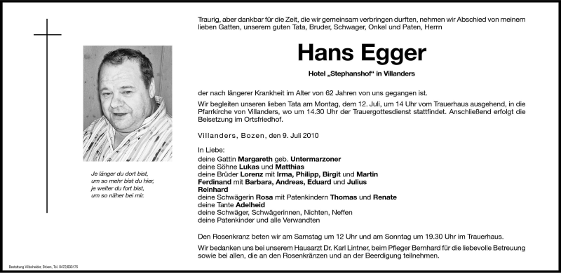 Traueranzeigen von Hans Egger | Trauer.bz