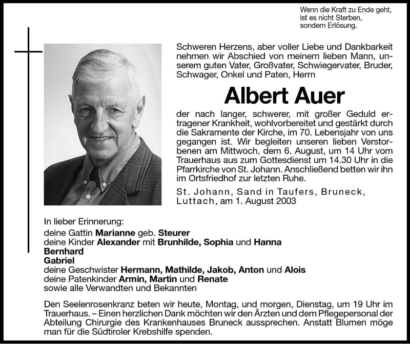 Traueranzeigen von Albert Auer | Trauer.bz