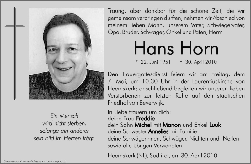 Traueranzeigen von Hans Horn | Trauer.bz