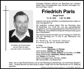Traueranzeigen von Friedrich Paris | Trauer.bz