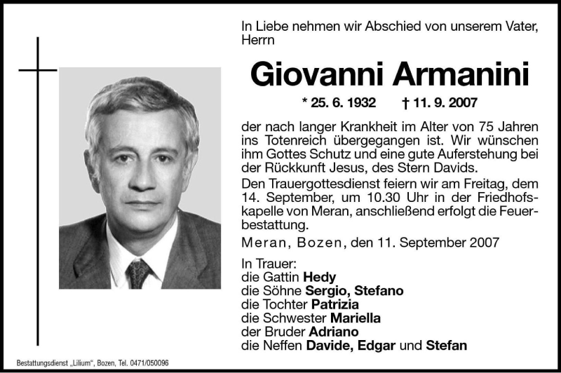 Traueranzeigen von Giovanni Armanini | Trauer.bz