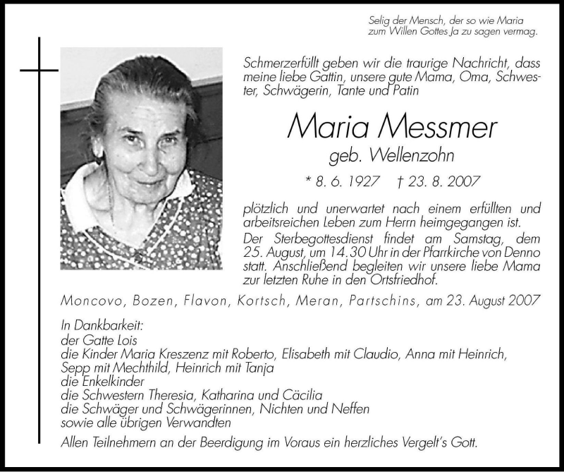 Traueranzeigen von Maria Messmer | Trauer.bz