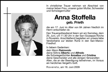Traueranzeigen von Anna Stoffella | Trauer.bz