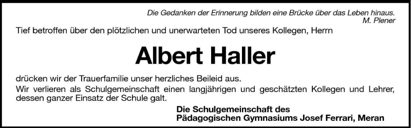 Traueranzeigen von Albert Haller | Trauer.bz