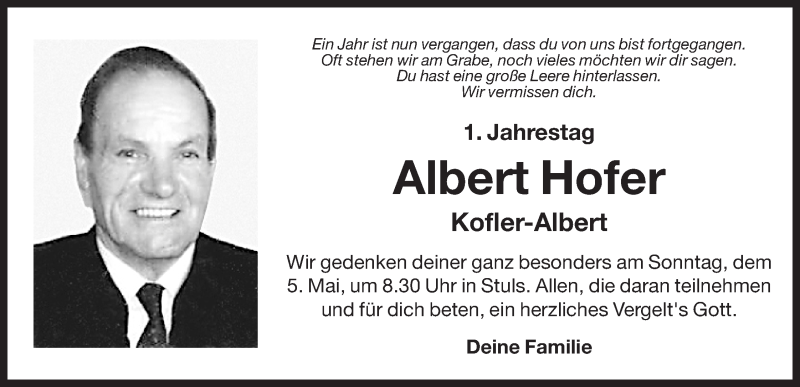 Traueranzeigen von Albert Hofer | Trauer.bz