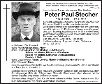 Traueranzeigen von Peter Paul Stecher | Trauer.bz