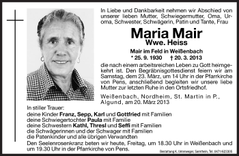 Traueranzeigen von Maria Heiss | Trauer.bz