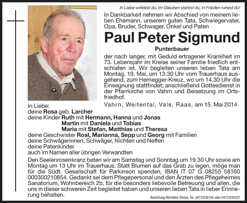 Traueranzeigen von Paul Peter Sigmund | Trauer.bz