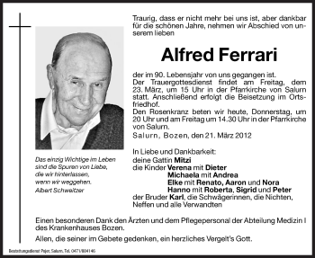 Traueranzeigen von Alfred Ferrari | Trauer.bz
