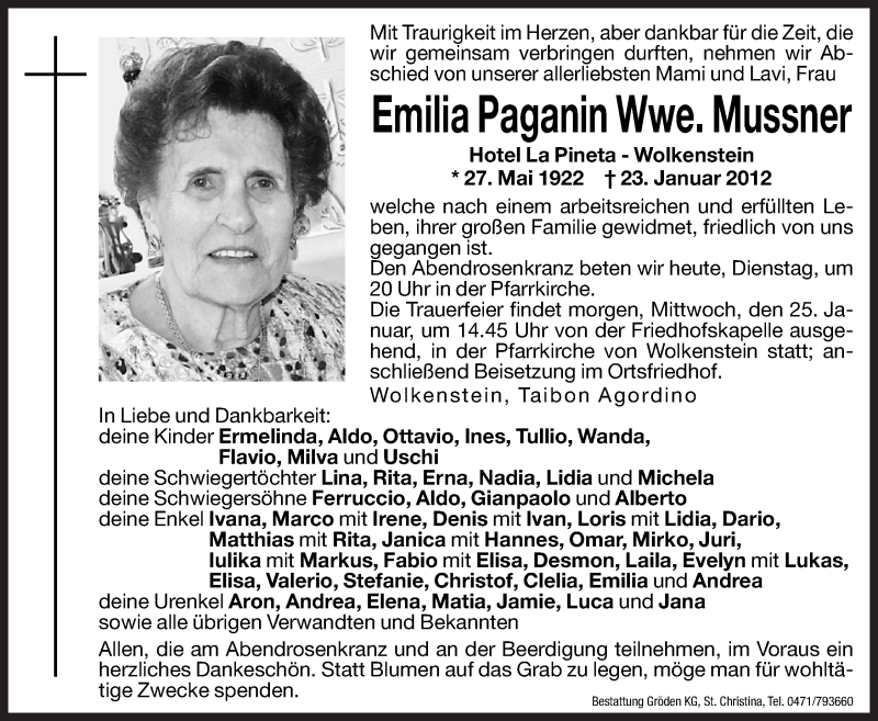 Traueranzeigen von Emilia Mussner | Trauer.bz
