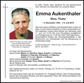 Traueranzeigen von Emma Thaler | Trauer.bz