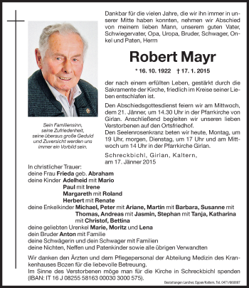 Traueranzeigen von Robert Mayr | Trauer.bz