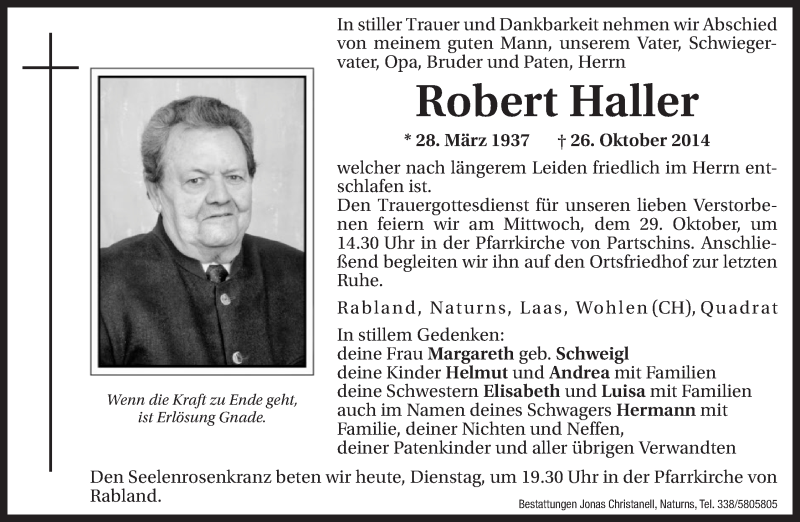 Traueranzeigen von Robert Haller | Trauer.bz