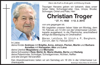 Traueranzeigen von Christian Troger | Trauer.bz