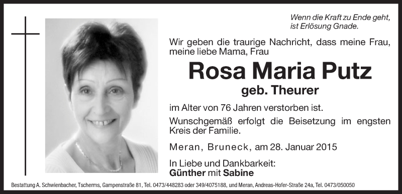Traueranzeigen von Rosa Maria Putz | Trauer.bz