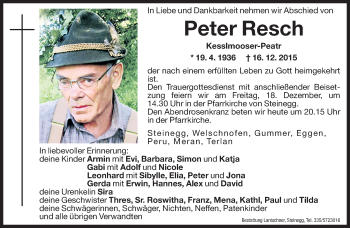 Traueranzeigen von Peter Resch | Trauer.bz