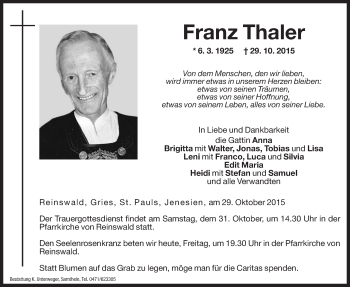 Traueranzeigen von Franz Thaler | Trauer.bz