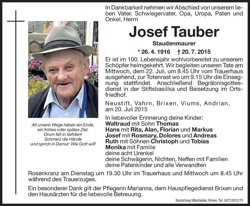 Traueranzeigen von Josef Tauber | Trauer.bz