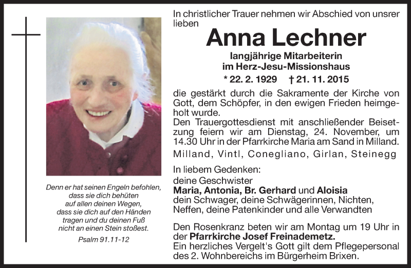 Traueranzeigen von Anna Lechner | Trauer.bz