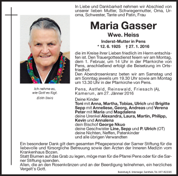 Traueranzeigen von Maria Heiss | Trauer.bz