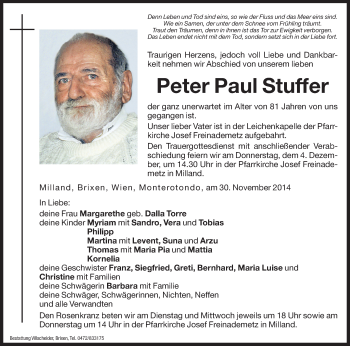 Traueranzeigen von Peter Paul Stuffer | Trauer.bz