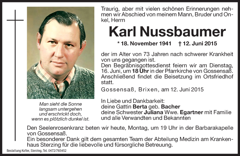 Traueranzeigen von Karl Nussbaumer | Trauer.bz