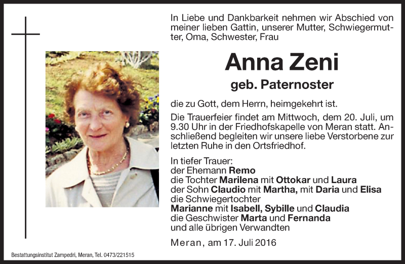 Traueranzeigen von Anna Zeni | Trauer.bz