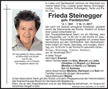 Traueranzeigen von Frieda Steinegger | Trauer.bz