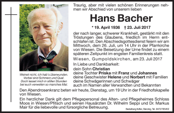 Traueranzeigen von Hans Bacher | Trauer.bz