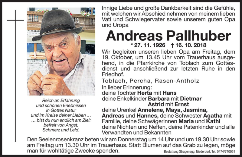 Traueranzeigen von Andreas Pallhuber | Trauer.bz