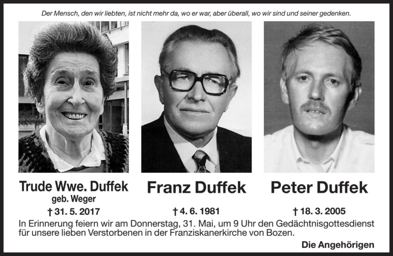 Traueranzeigen von Franz Duffek | Trauer.bz