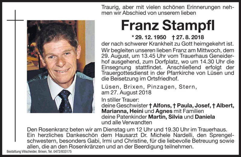 Traueranzeigen von Franz Stampfl | Trauer.bz