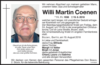 Traueranzeigen von Willi Martin Coenen | Trauer.bz