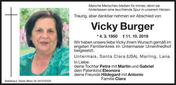 Traueranzeigen von Vicky Burger | Trauer.bz