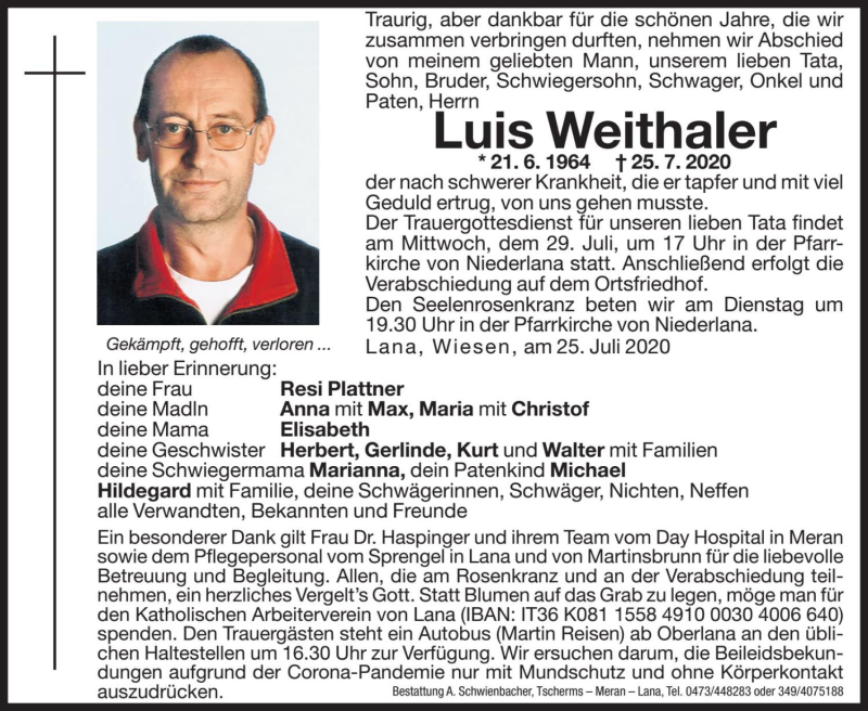 Traueranzeigen von Luis Weithaler | Trauer.bz