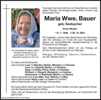 Traueranzeigen von Maria Bauer | Trauer.bz