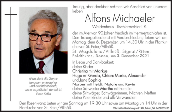 Traueranzeigen von Alfons Michaeler | Trauer.bz