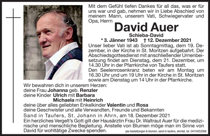 Traueranzeigen von David Auer | Trauer.bz