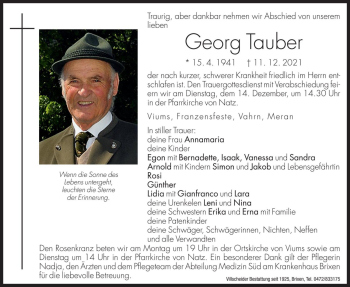 Traueranzeigen von Georg Tauber | Trauer.bz