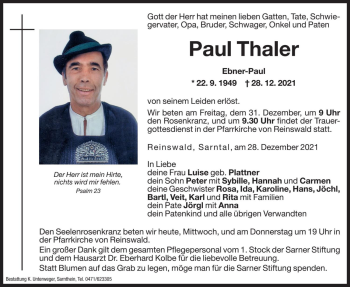 Traueranzeigen von Paul Thaler | Trauer.bz