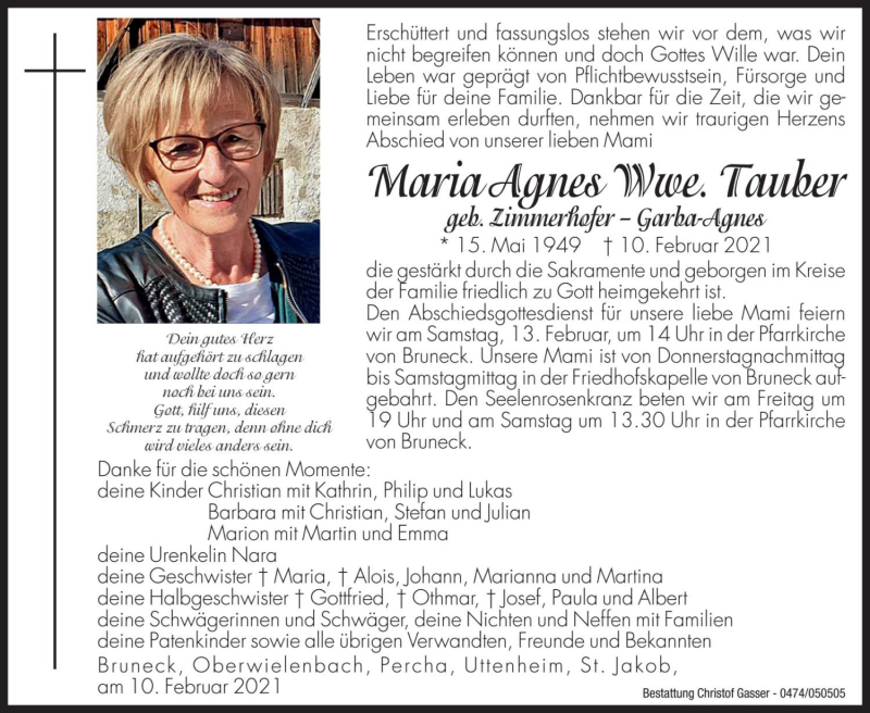 Traueranzeigen von Maria Agnes Tauber | Trauer.bz