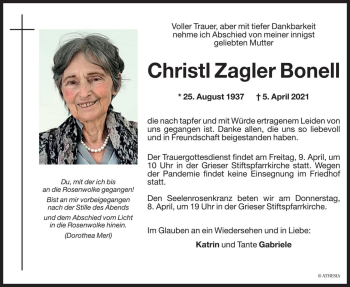 Traueranzeigen von Christl Bonell | Trauer.bz