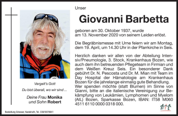 Traueranzeigen von Giovanni Barbetta | Trauer.bz
