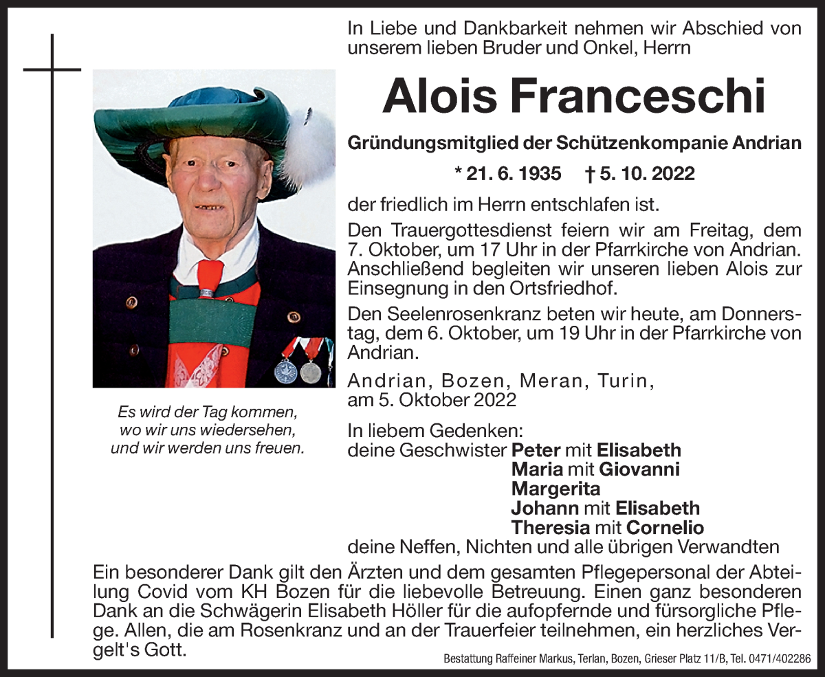 Traueranzeigen von Alois Franceschi | Trauer.bz