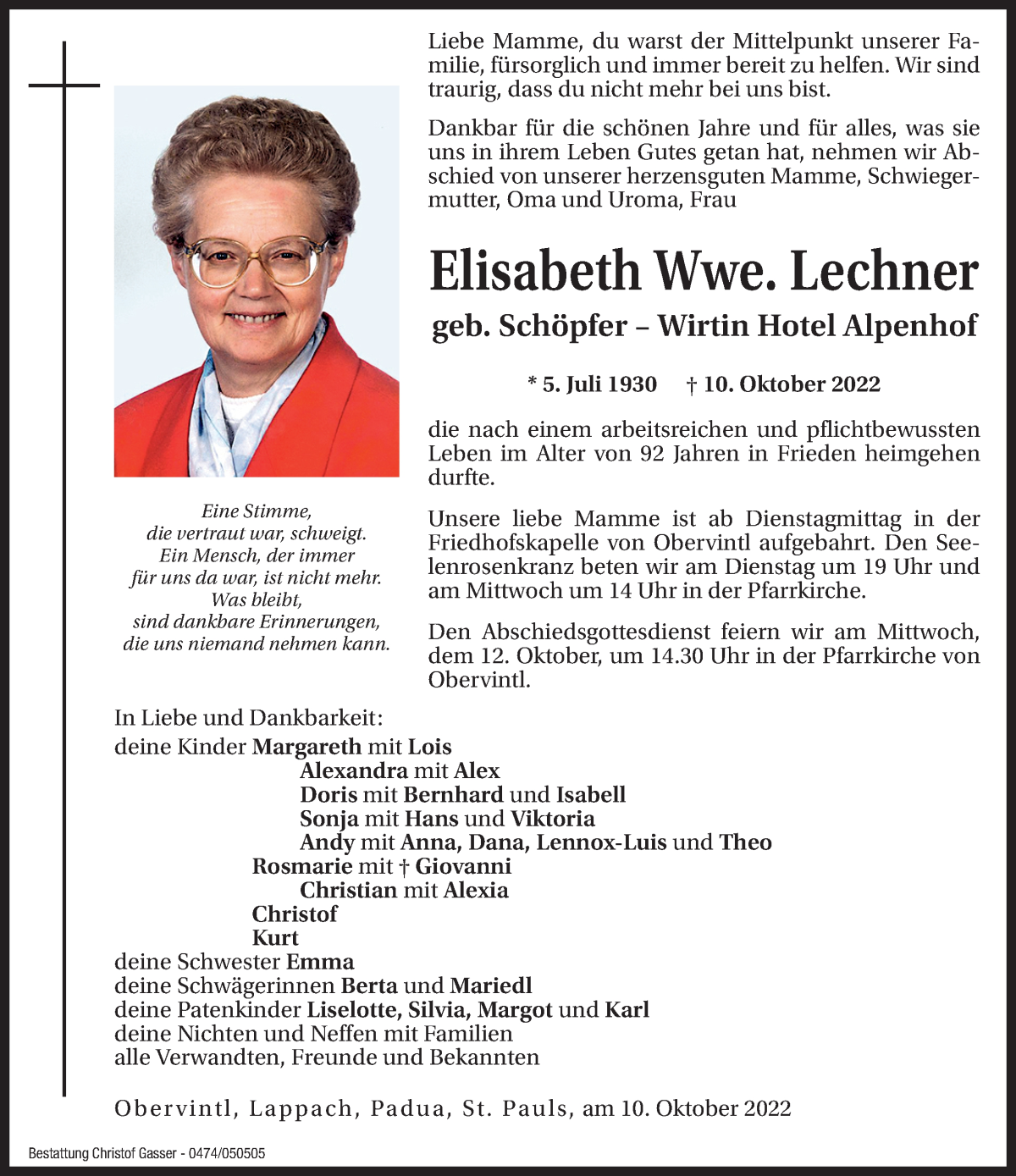 Traueranzeigen von Elisabeth Lechner | Trauer.bz