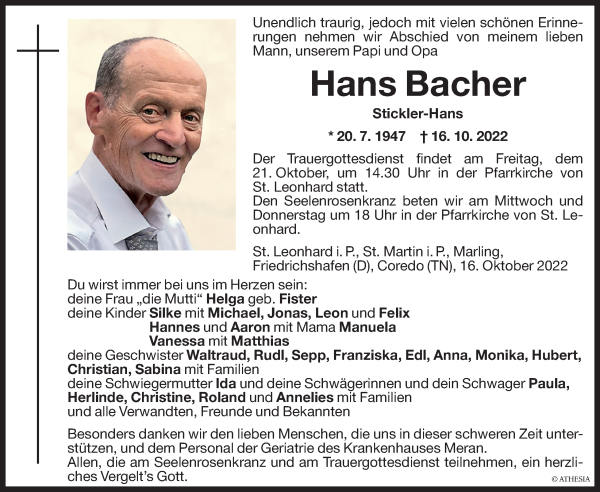 Traueranzeigen von Hans Bacher | Trauer.bz