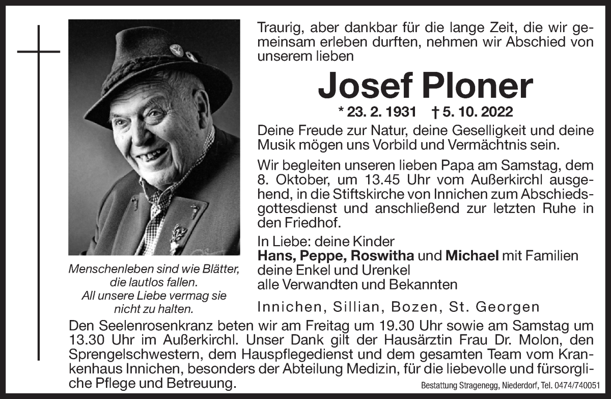 Traueranzeigen von Josef Ploner | Trauer.bz