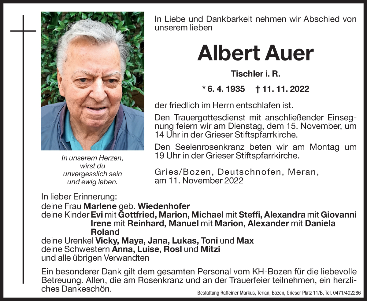 Traueranzeigen von Albert Auer | Trauer.bz