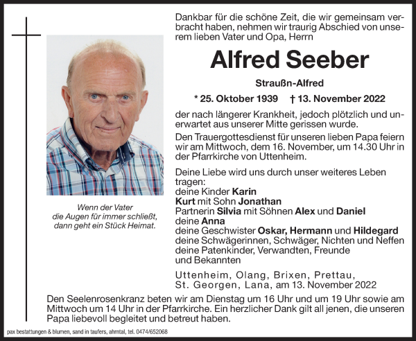 Traueranzeigen von Alfred Seeber | Trauer.bz
